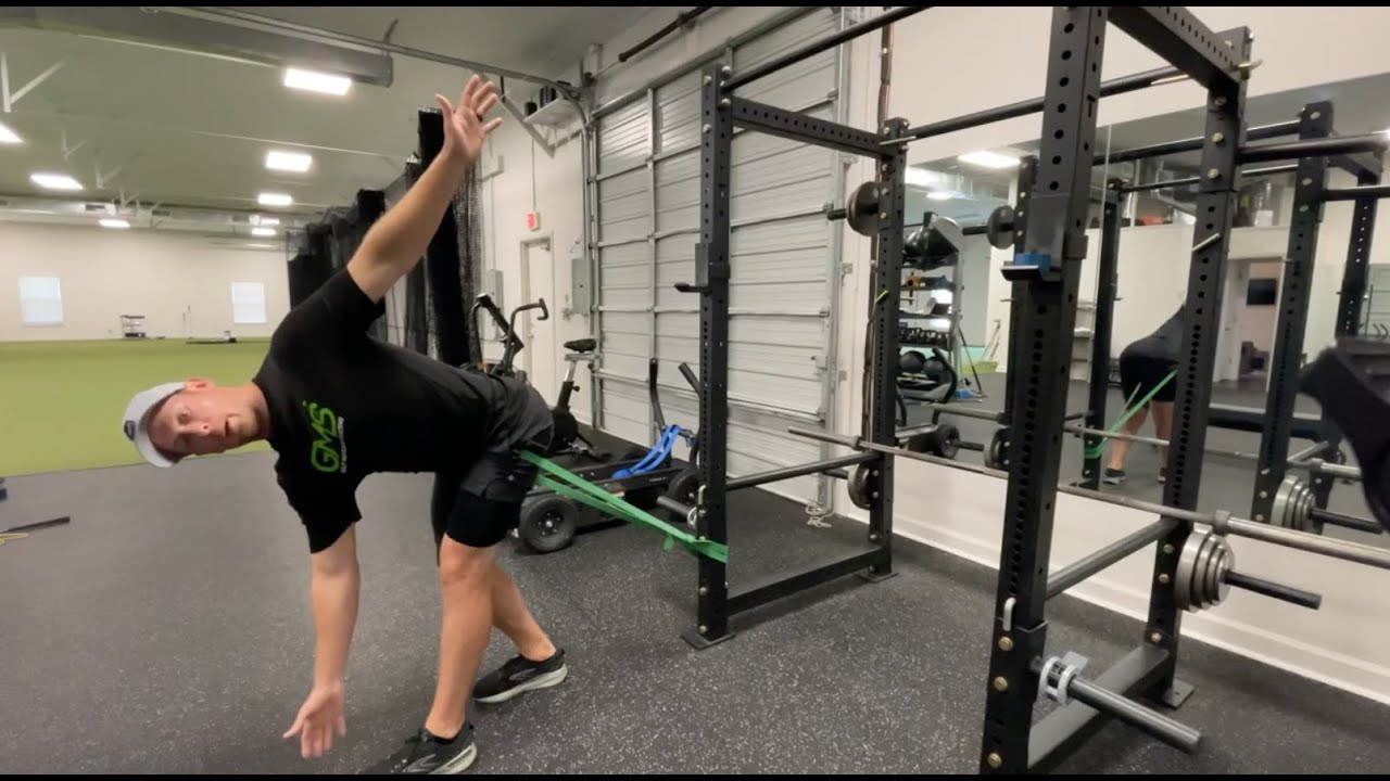 Posterior hip stretch via hip hinge and thoracic rotation using band ...