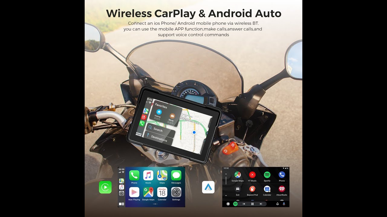 GEARELEC Wireless CarPlay Android Auto Portable Motorcycle player - YouTube