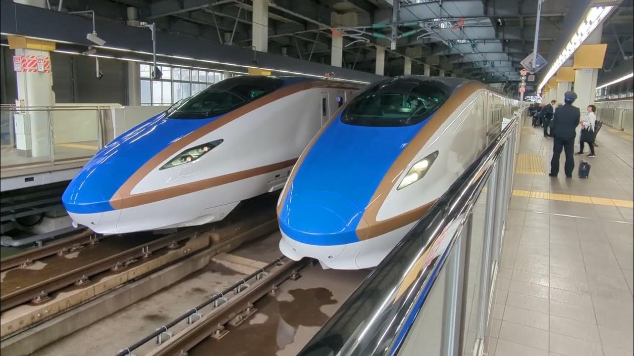 2024年4月4日北陸新幹線金沢 駅 12番のりば停車中 W7系w23編成運行12eつるぎ12号→ 回送列車 回送2201e 13番のりば着発