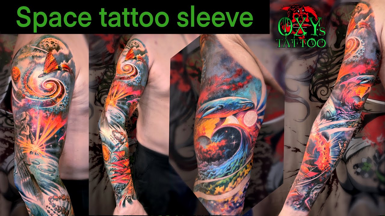 Space tattoo sleeve. Tattooing process - YouTube