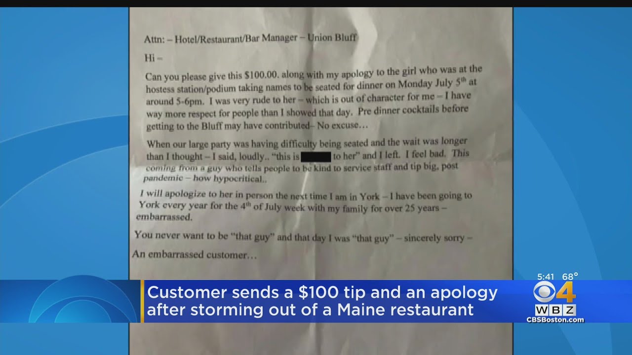 Customer Sends $100 And Apology Letter After Storming Out Of Maine ...