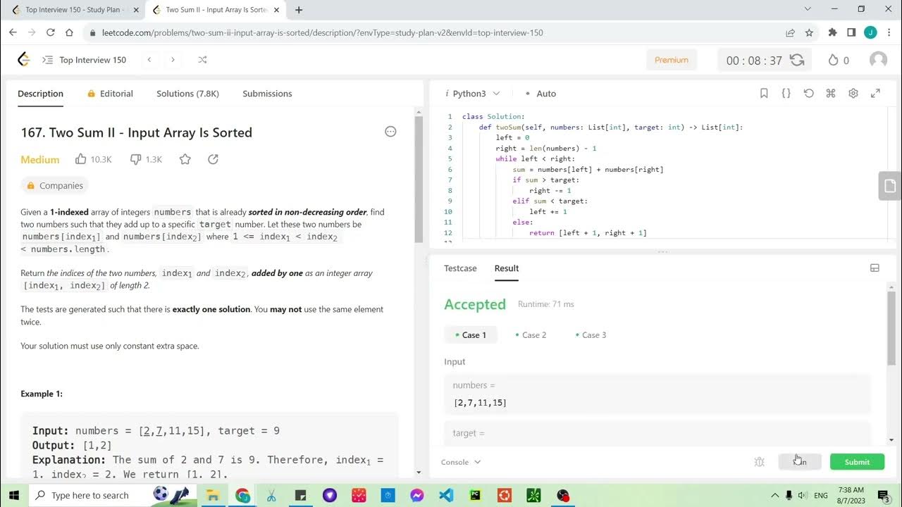 LeetCode 167. Two Sum II - Input Array Is Sorted - LIVE coding & thought process - YouTube