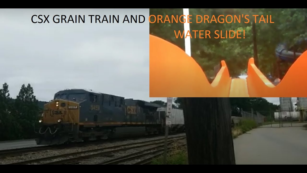 SB CSX Grain Train and Orange Dragon's Tail at Six Flags White Water in ...
