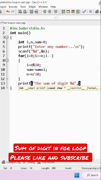 sum of digit in for loop programing in c - YouTube