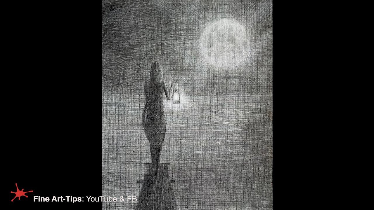 HOW TO DRAW A WOMAN WITH A LANTERN AND MOON - Backlight easy sketch ...