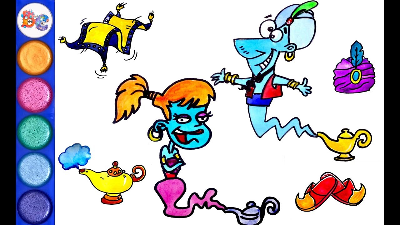 How to draw Genies, a Genie Lamp, a Turban, Shoes and a Flying Carpet ...