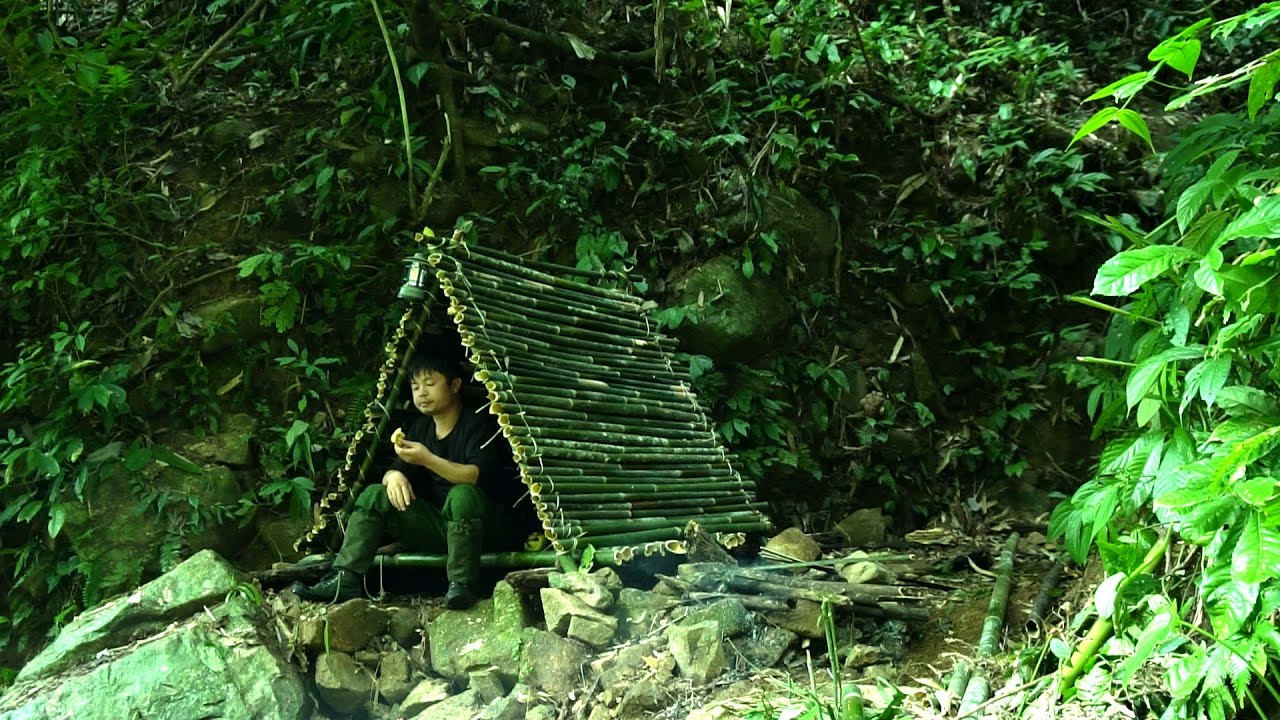 3 DAYS solo survival CAMPING bushcraft,FISH TRAP, CATCH & COOK Bamboo ...