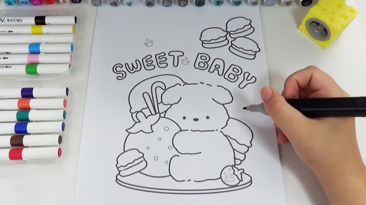Coloring a Sweet Baby Bear with Strawberry & Macarons - YouTube