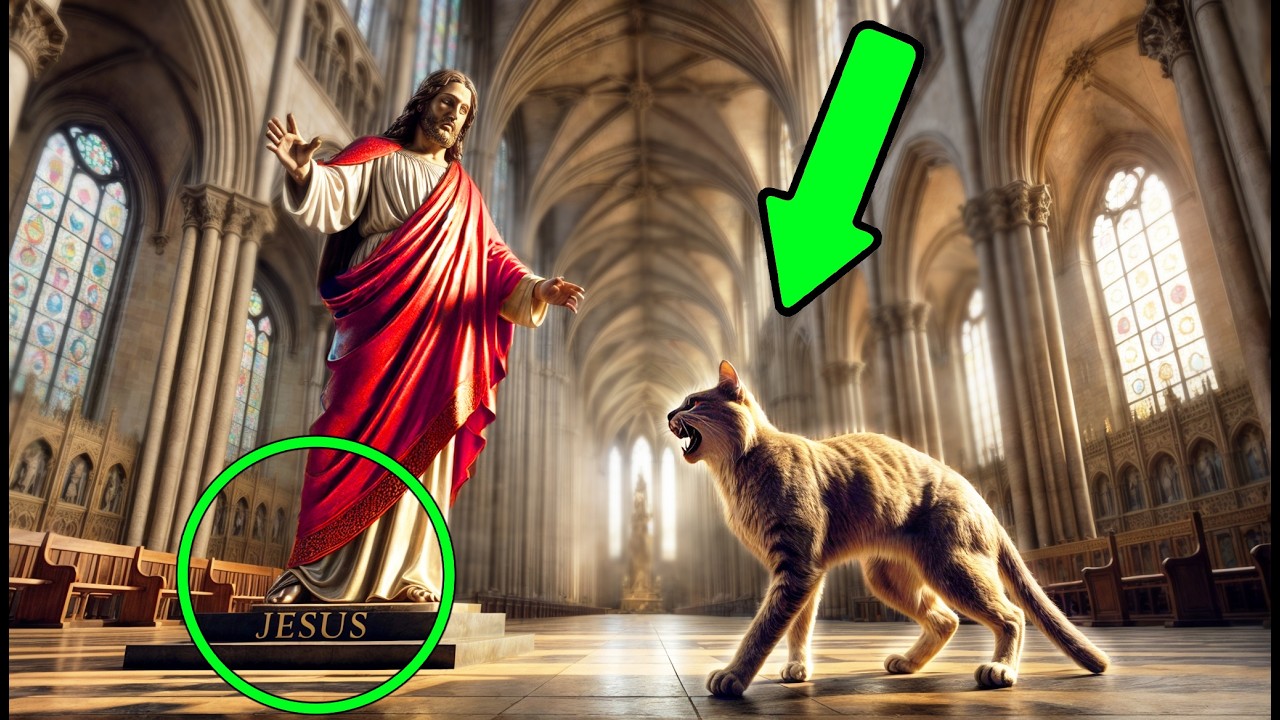 Le chat GRONDE devant la statue de JÉSUS, le prêtre FOND EN LARMES en ...