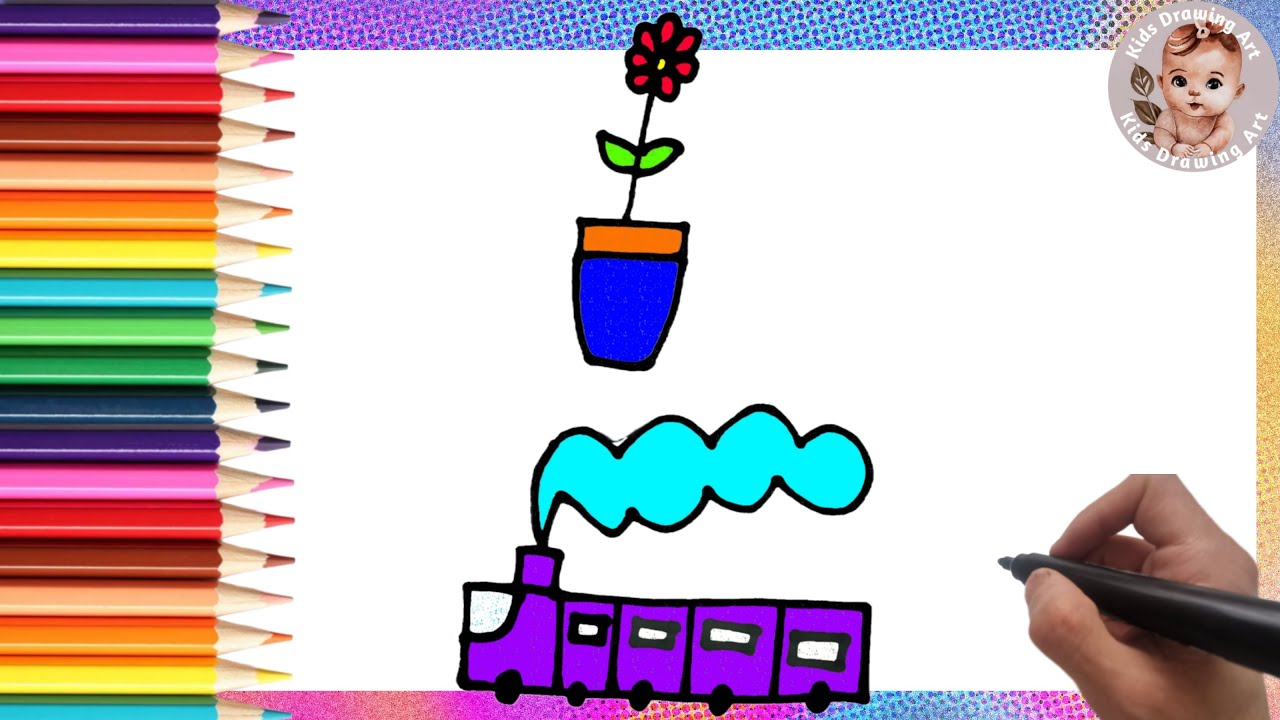 How To Draw Flower Pot and Train | Drawing Tutorial | Step By Step ...