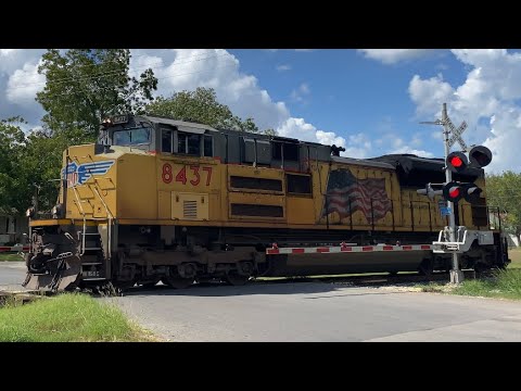 UP 8437 runs as a light power move through Molton Texas | Super rare crossing bell - YouTube