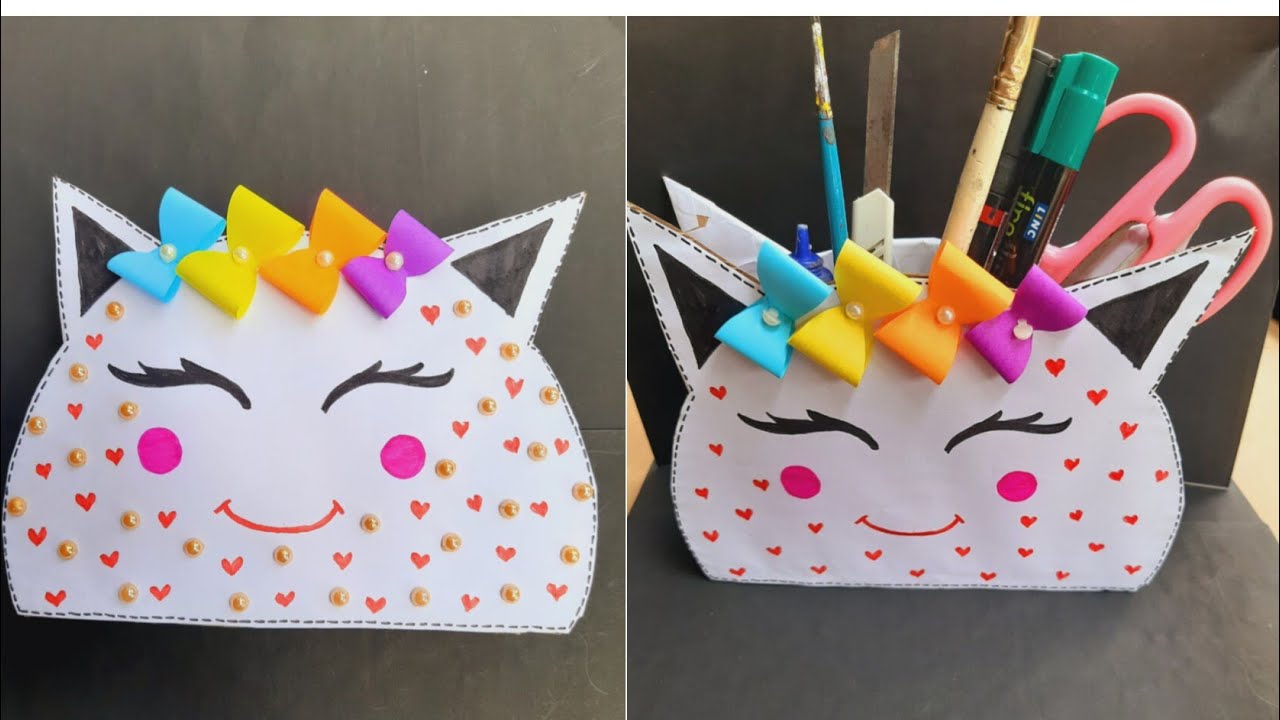 Diy beautiful pen stand making with paper and cardboard/doll face ...