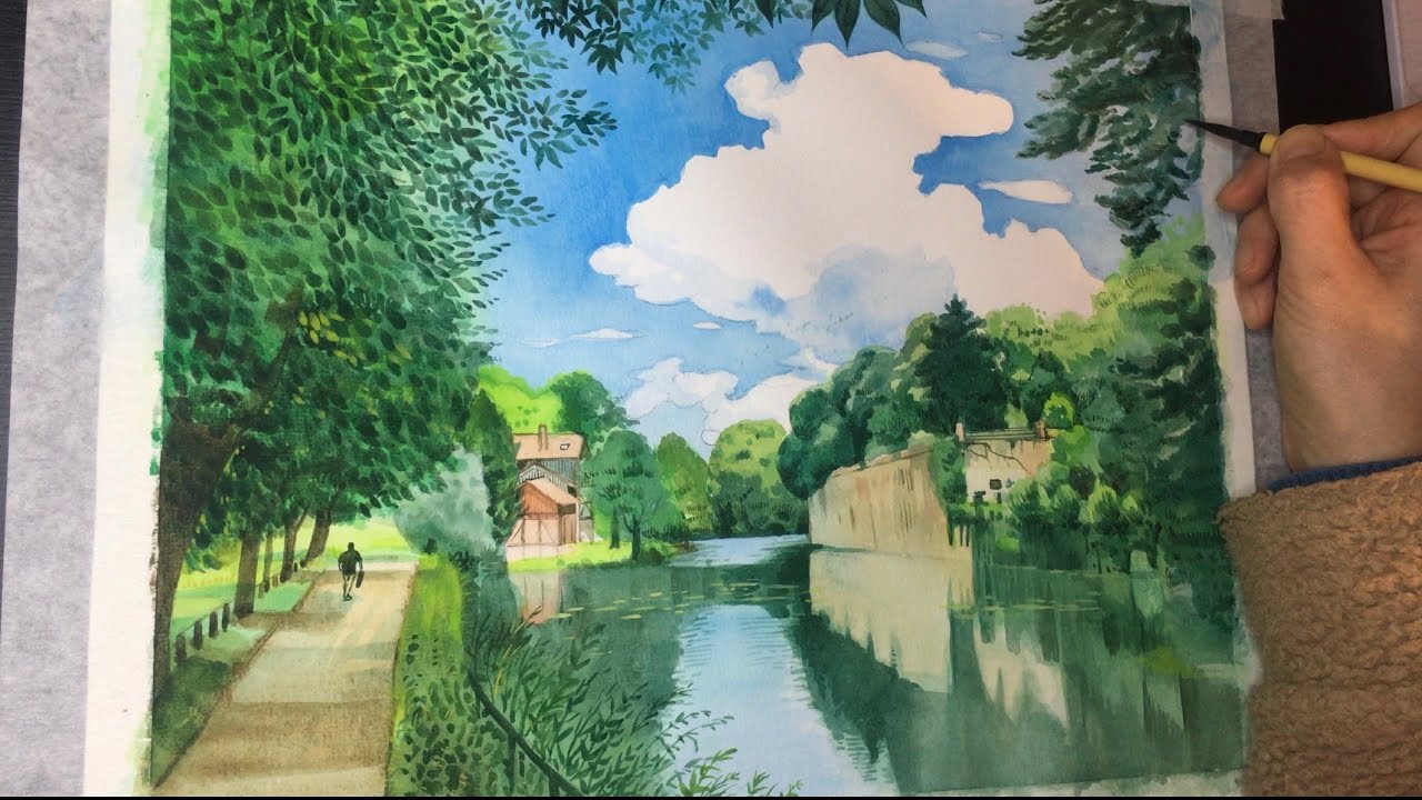 🍃 ️水彩画梅斯的小河边2/watercolor painting ‘plan d’eau Metz’🌟🎨🖼 - YouTube
