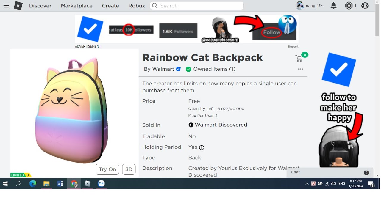 Hurry! Lấy item balo free Rainbow Cat Backpack siêu dễ ( Join and claim ...