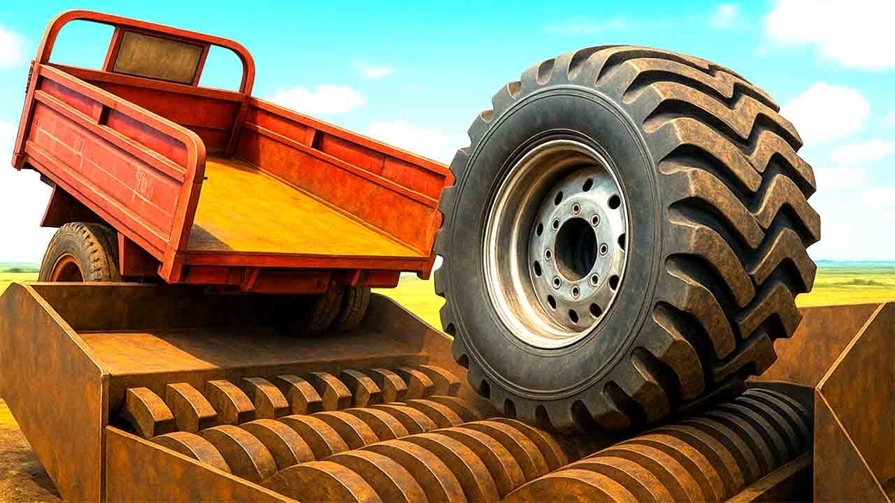 Giant Industrial Shredder Destroying Heavy Metal Cart And Old ...
