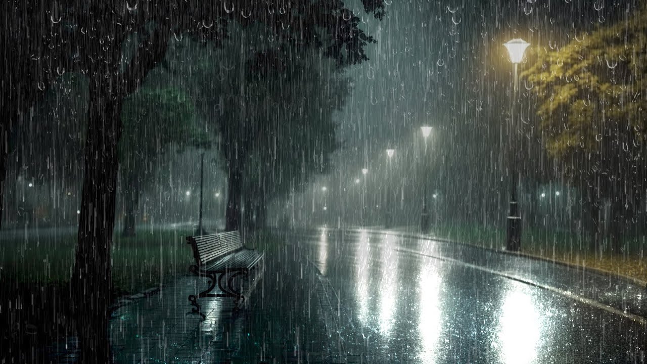 El sonido de la lluvia fuerte cayendo en el sendero vacío del parque ...