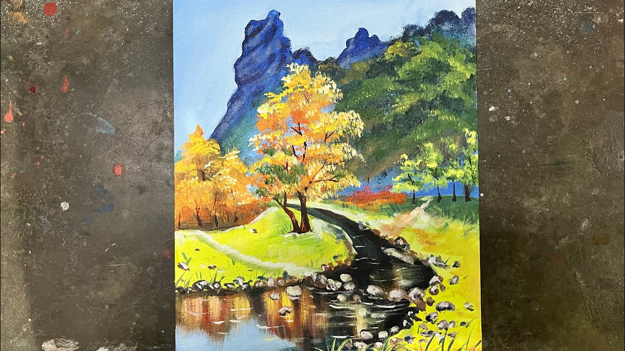 Landscape painting! How to draw scenery painting! Step by step scenery ...