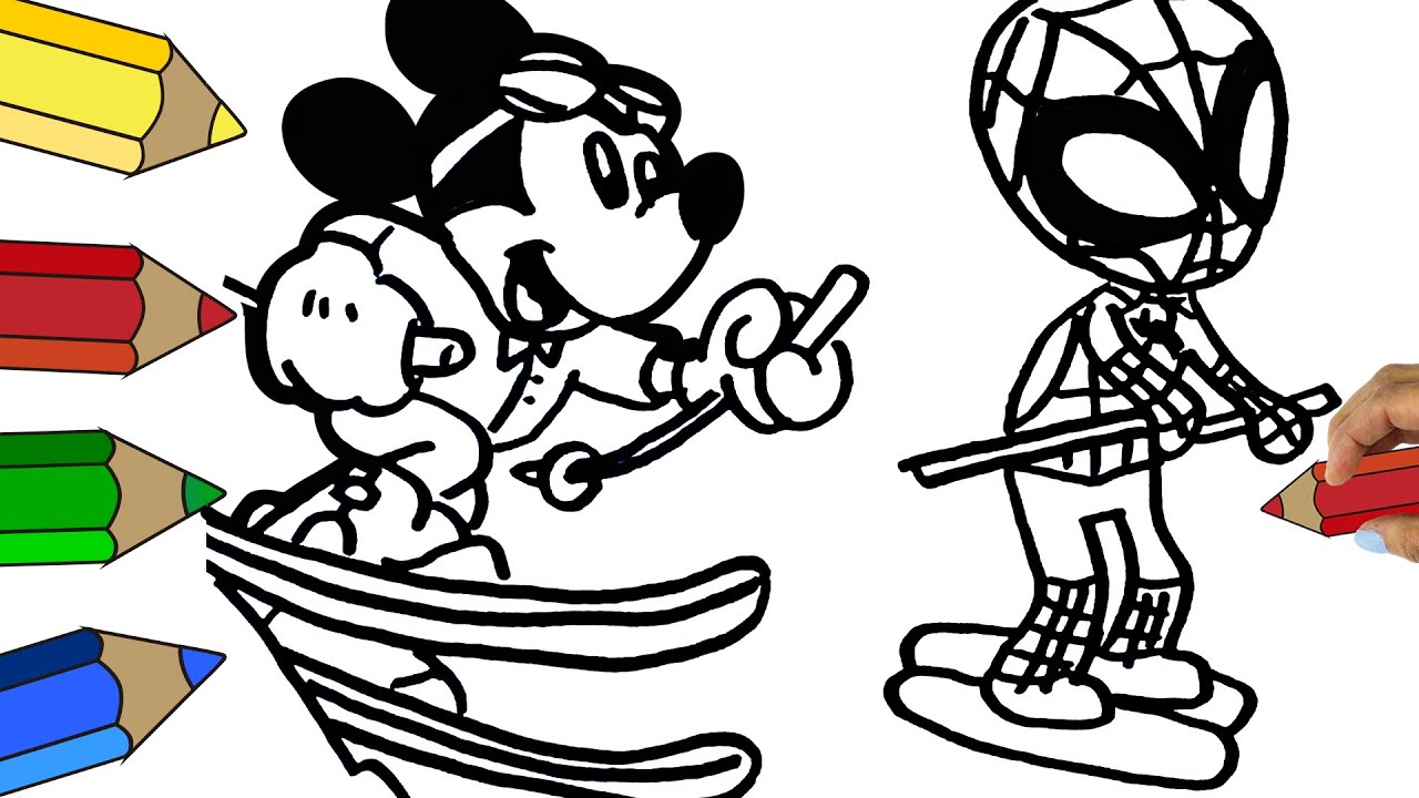 Drawing Marvel's Spidey vs Mickey Mouse on Skiing⛷️ Drawing Mickey ...