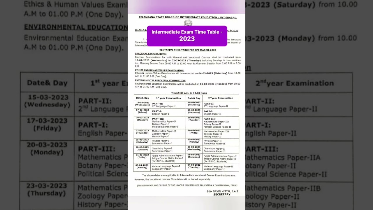 Intermediate Exam Time Table 2022-23 - YouTube