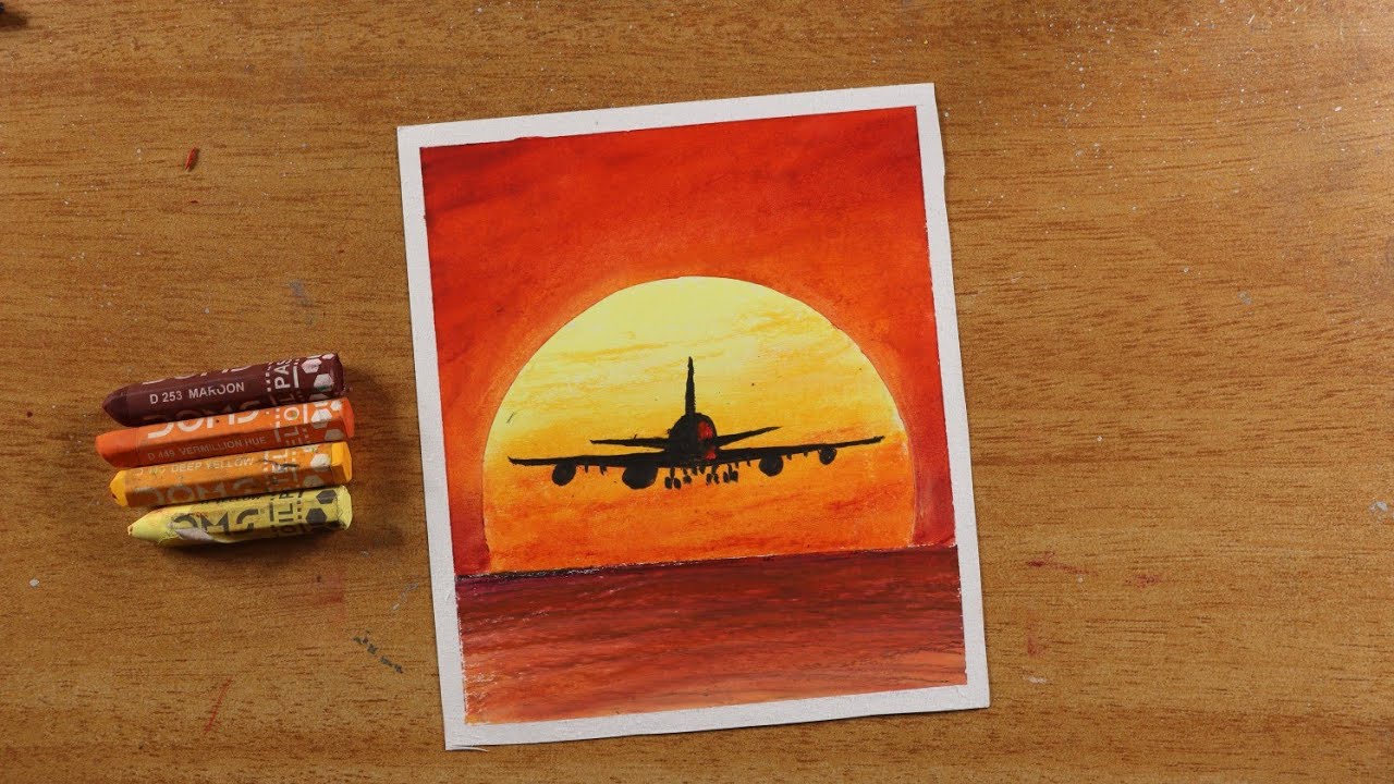 Plane Landing / Easy Oil Pastel Drawing for Beginners / step by step ...