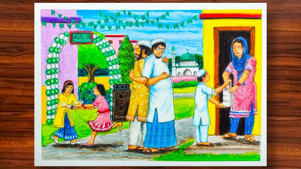 Eid Ul Fitr Drawing | Eid Festival Scenery Drawing | Eid Mubarak ...