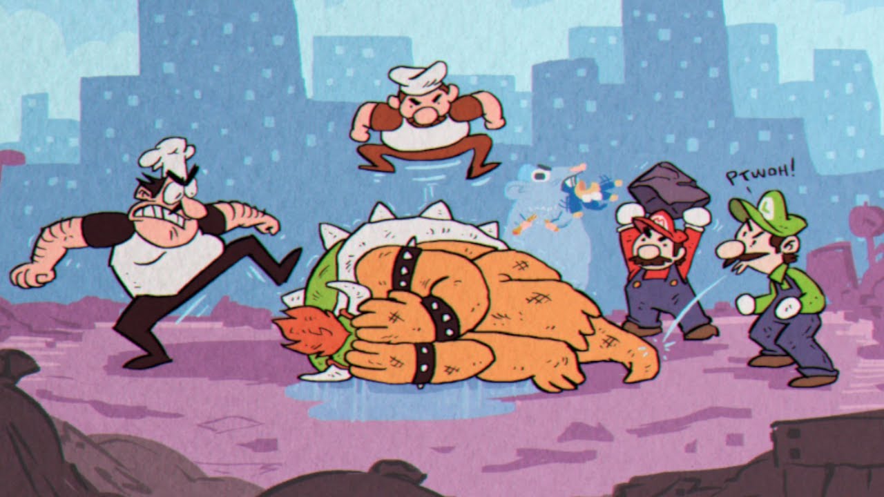 Mario Bros. & Peppino and Gustavo beat up Bowser | Overalls and Funny ...