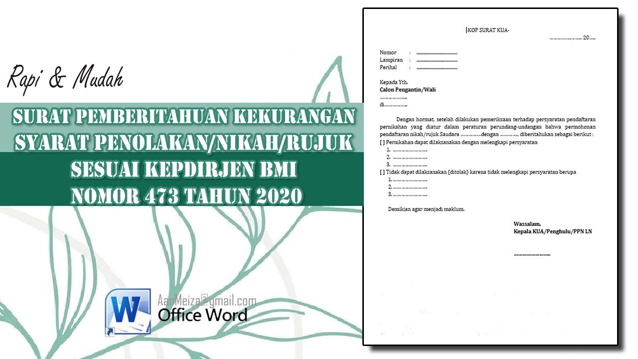 Surat Pemberitahuan Kekurangan Syarat Penolakan/Nikah/Rujuk sesuai ...
