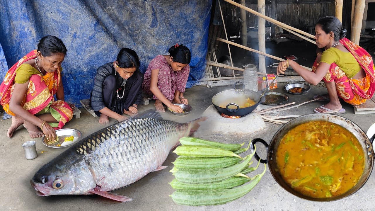 Indian TRIBE MOTHER cooking MRIGEL FISH curry recipe for her children ...