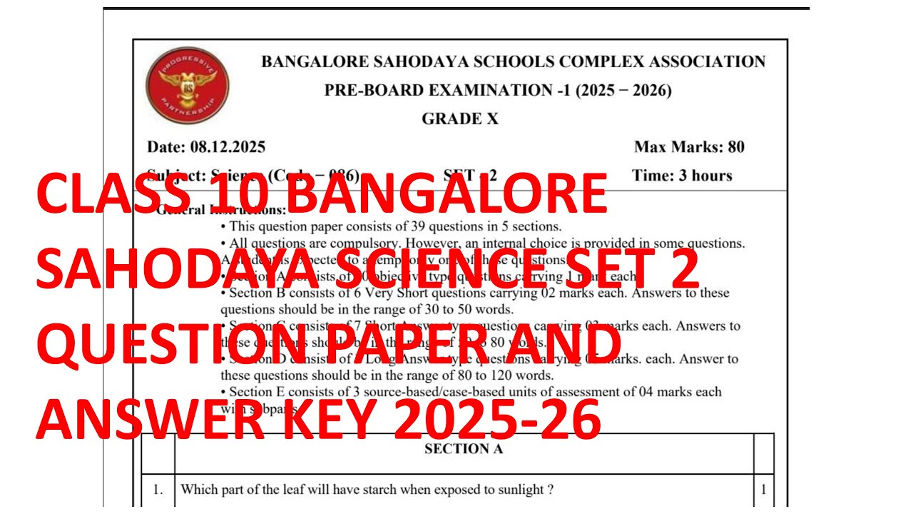 CLASS 10 SAHODAYA SCIENCE SET 2 PRE BOARD QUESTION PAPER AND ANSWER KEY ...