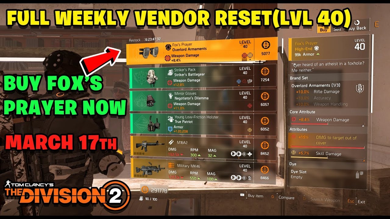 The Division 2 "FULL WEEKLY VENDOR RESET (LEVEL 40)" BUY THE FOX'S ...