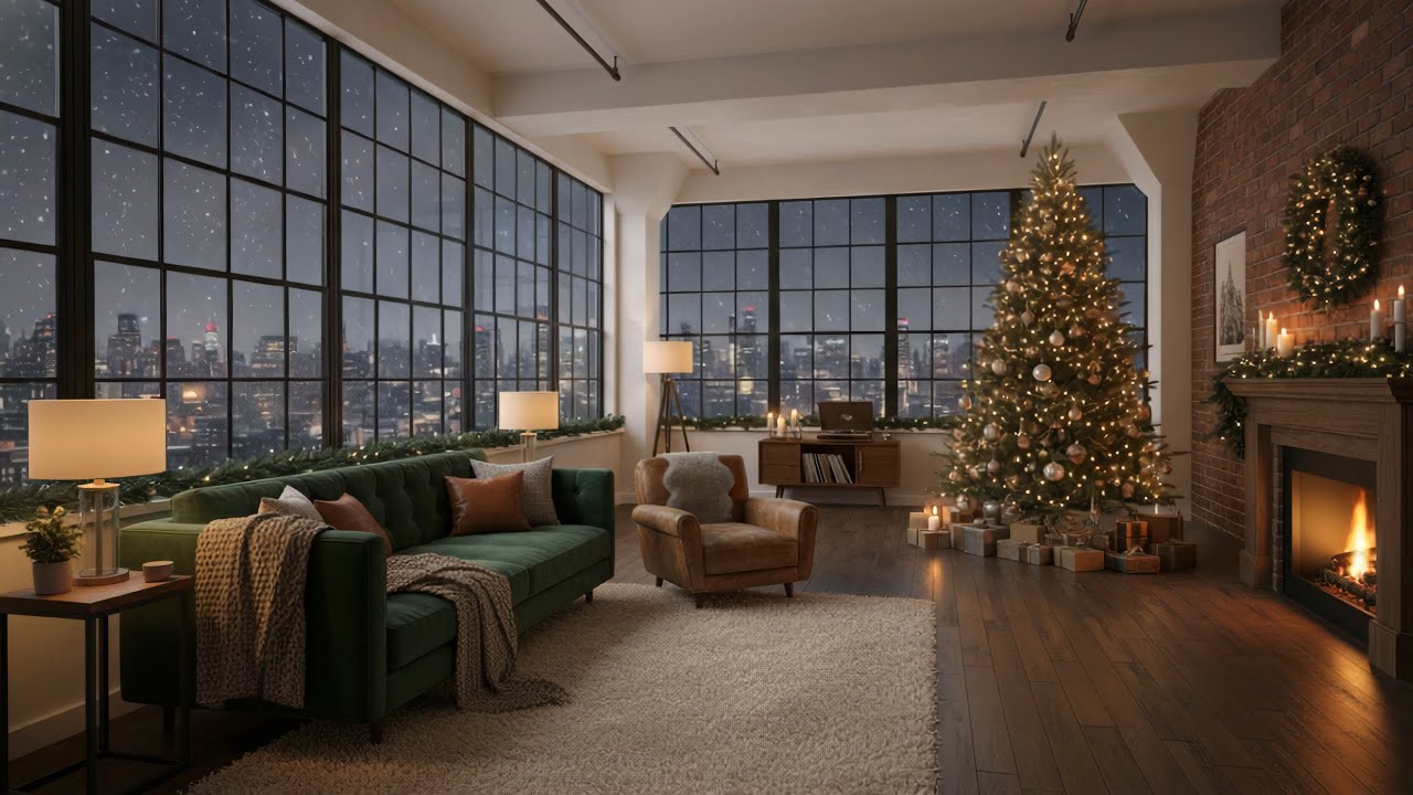 Christmas NYC Loft Ambience – Cozy Fireplace, Snowfall & Tree Lights ...