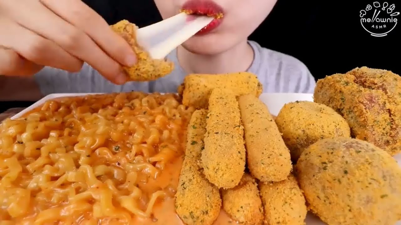 JUST BITES ASMR CHEESY FIRE NOODLE, CHEESE BALL, CHEESE STICK, CORN DOG ...