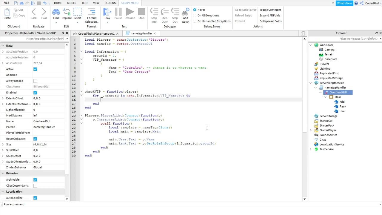 Roblox Studio - Scripting Overhead Nametag - Model Link in the Desc ...