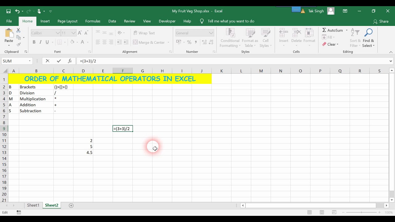 17. Order Of Mathematical Operators | Ms - Excel Tutorial - Youtube