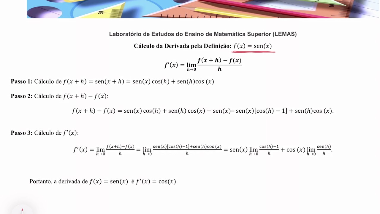 Cálculo da Derivada pela Definição do Seno - YouTube
