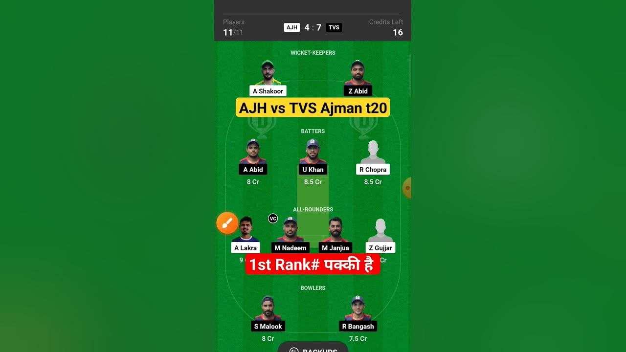ajh vs tvs dream11 prediction, ajh vs tvs dream11 team,ajh vs tvs ajman t20 dream11 team today ...