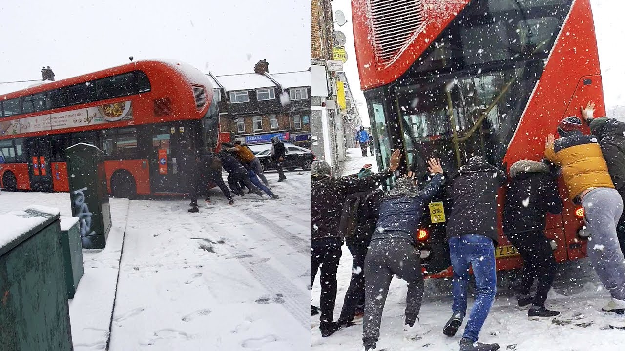 Bus Stuck in Snow Rescued by People at Preston Road, London || WooGlobe ...