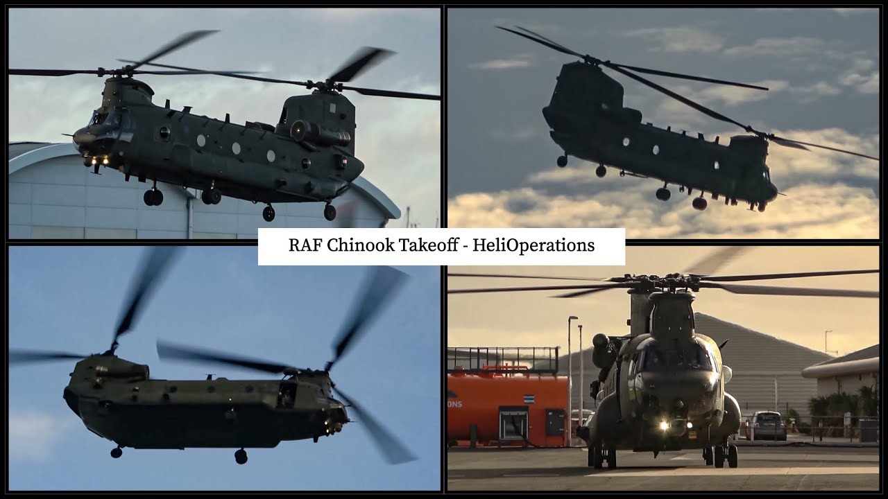 {4K} RAF Chinook Helicopter Taxi & Takeoff from Portland - YouTube