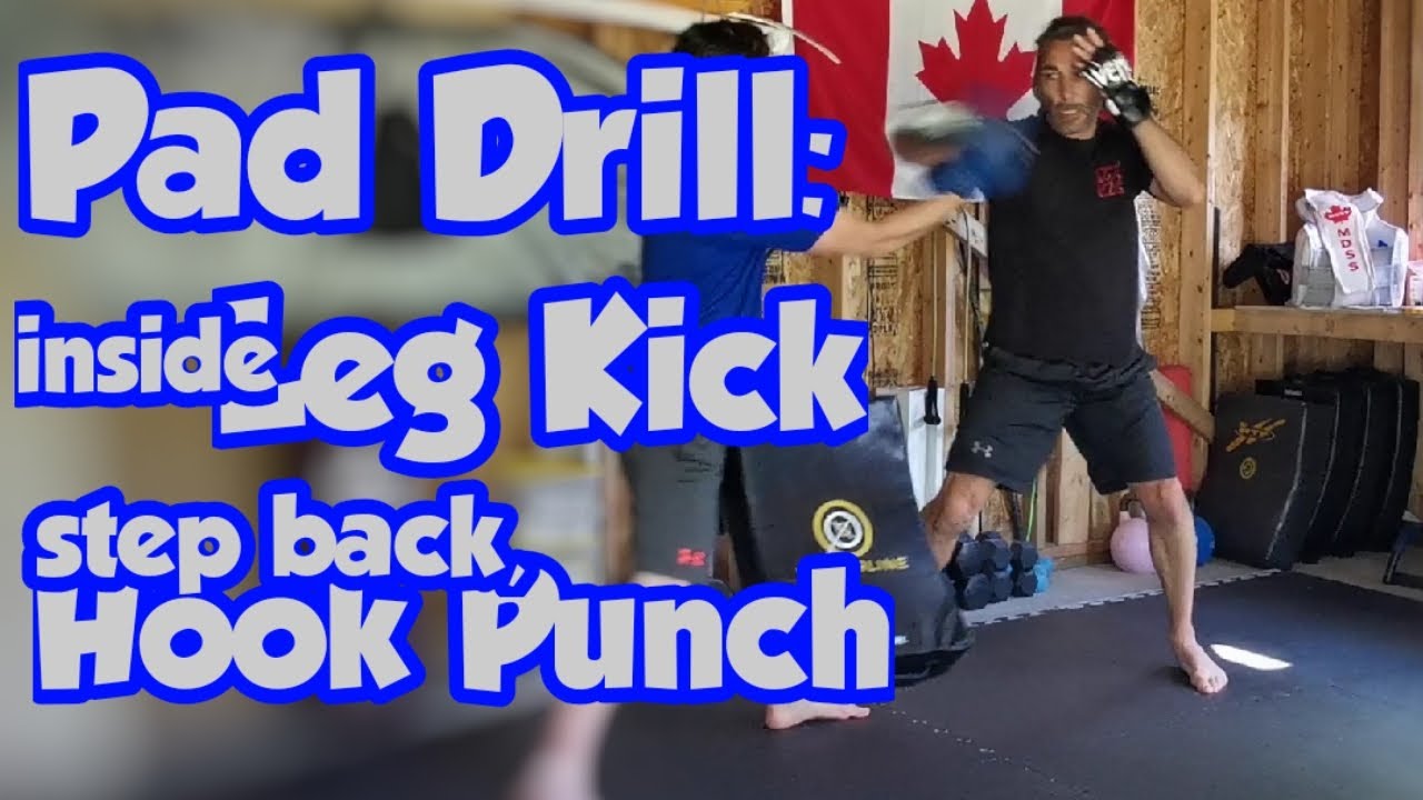 Pad Drill: Leg kick, Step Back Hook Punch - YouTube