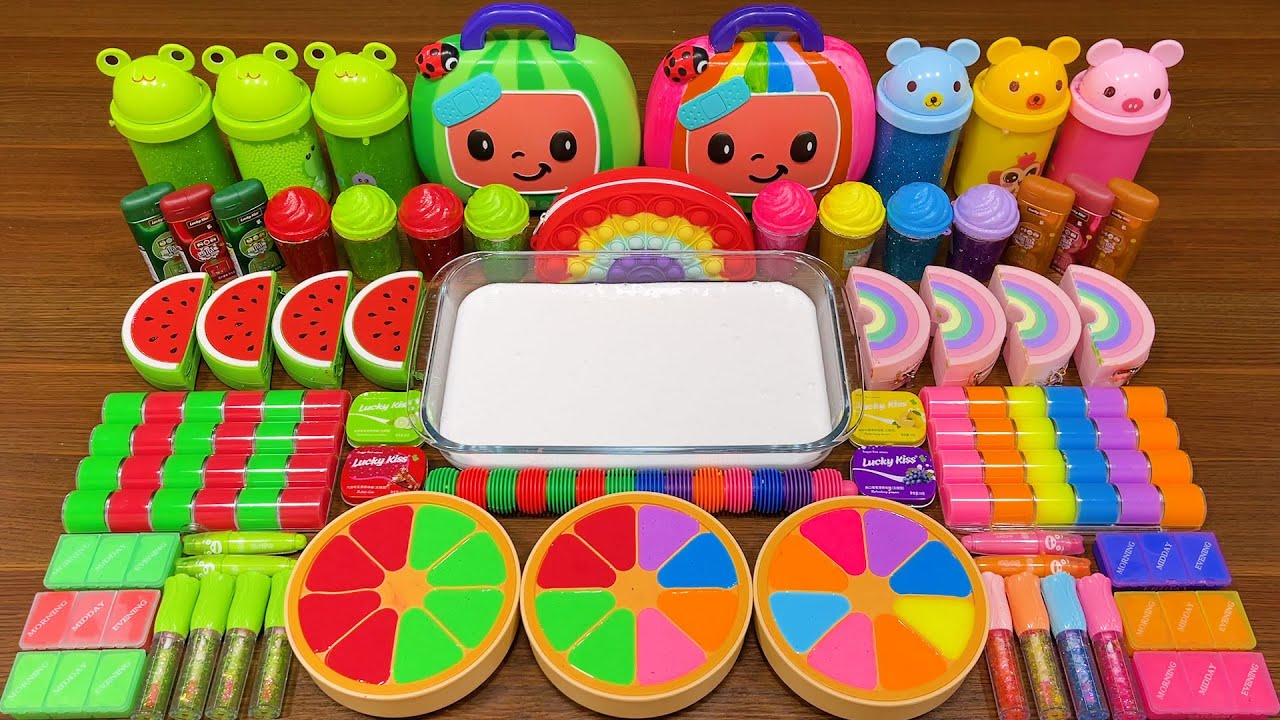 COCO MELON vs RAINBOW !!!Mixing Random into GLOSSY Slime !!! Satisfying ...