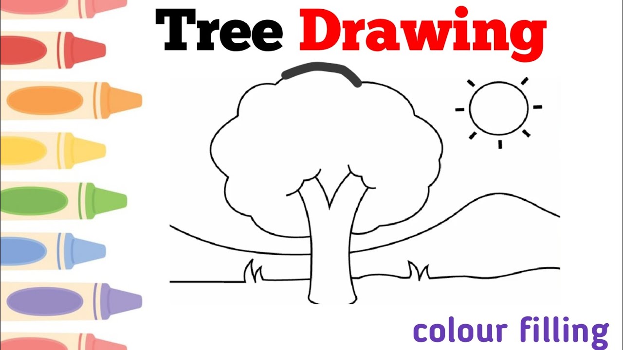Tree Drawing || Colour filling in tree drawing, colours, kids drawing ...