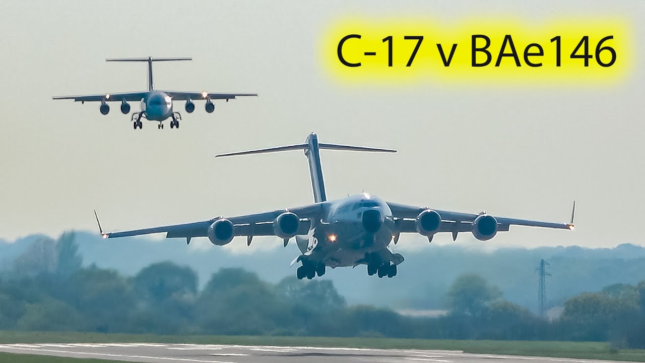 🎖 Boeing C-17 versus BAe 146 landing at Manchester Airport - YouTube