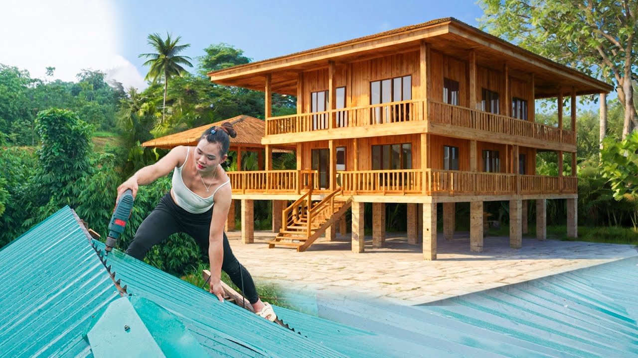 Beautiful Girl Builds Wooden Stilt House Alone - Roofing and Wooden ...