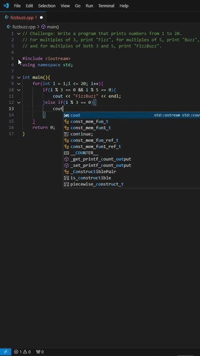 Solve FizzBuzz in C++ in Under 60 Seconds | #coding #programming #fizzbuzz #c++ - YouTube