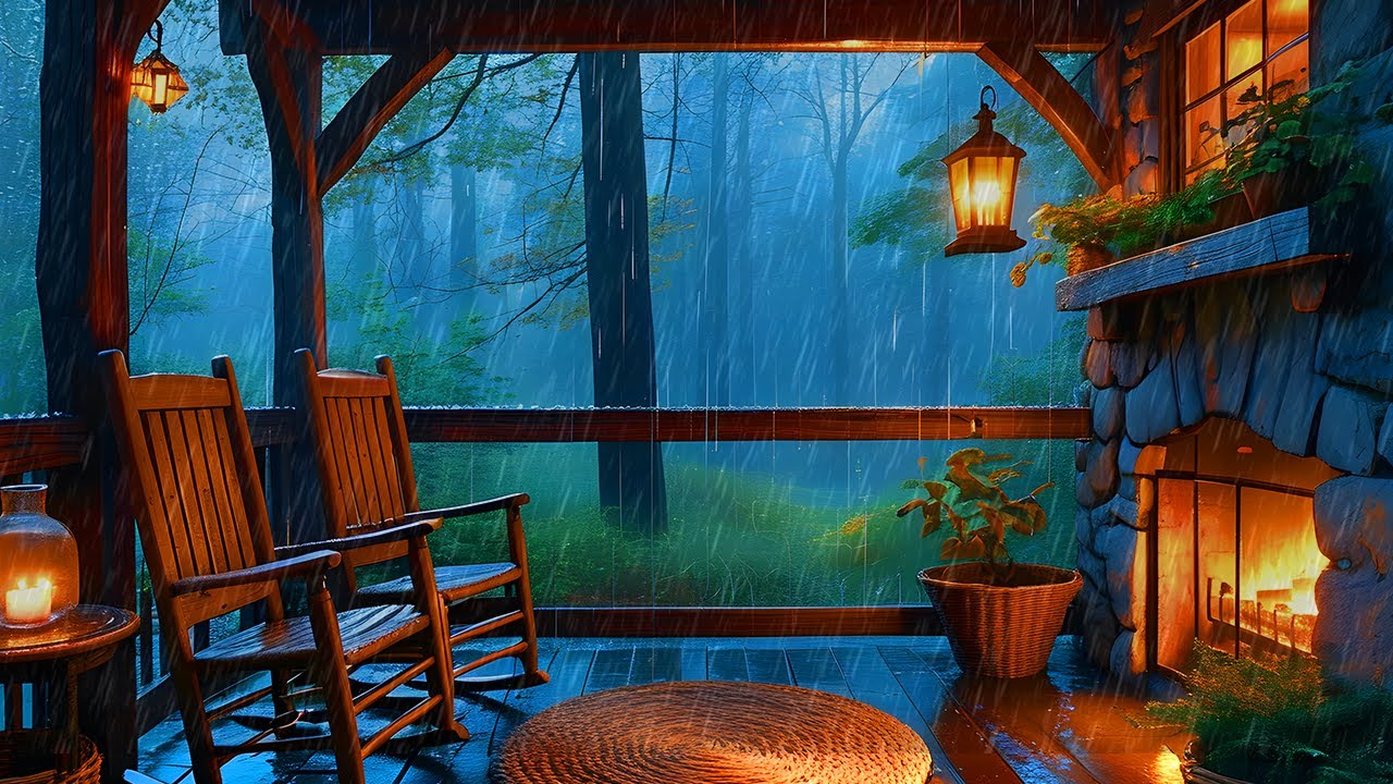 Soft Rain and FIREPLACE SOUNDS in Cabin for Relaxation, Study, and ...
