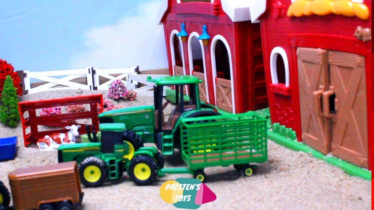 Farm tractor toy, truck toy, trailer toy, transporting hay, toy farm ...