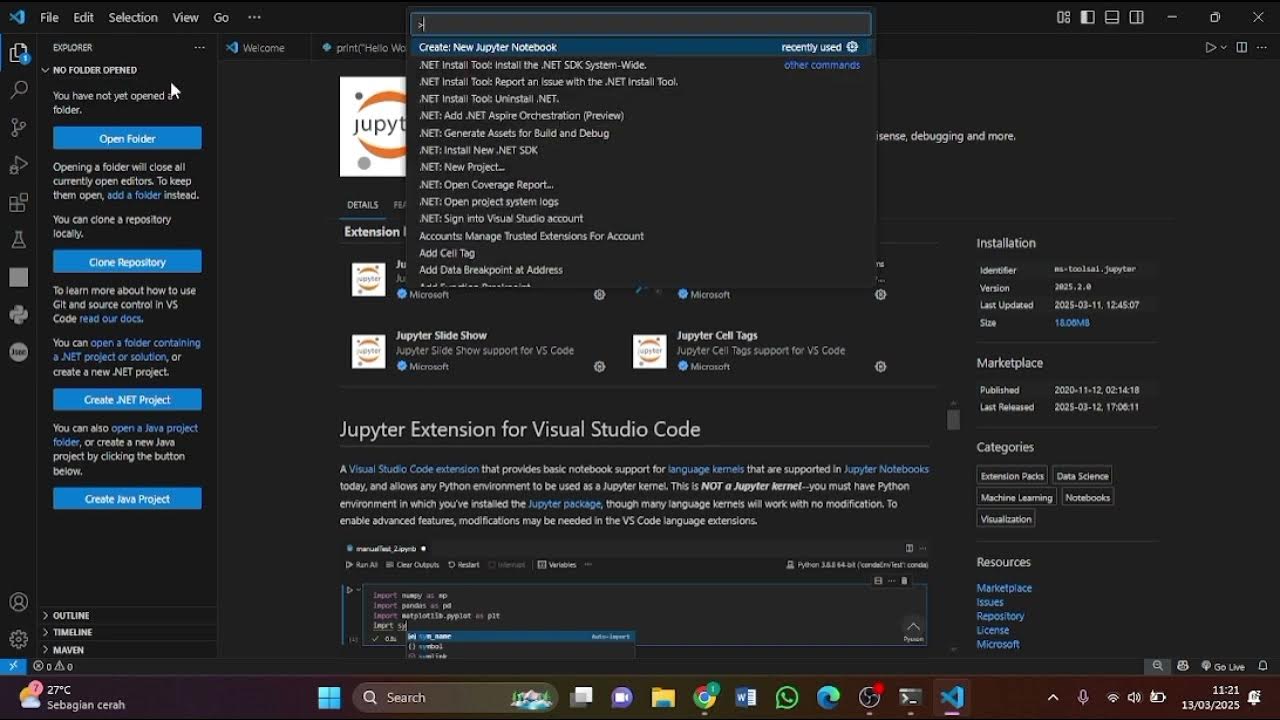 Cara Install VS Code python, Jupyter, Numpy, Matplotlib, Pandas, Scikit Learn, Tensor Flow Flask ...