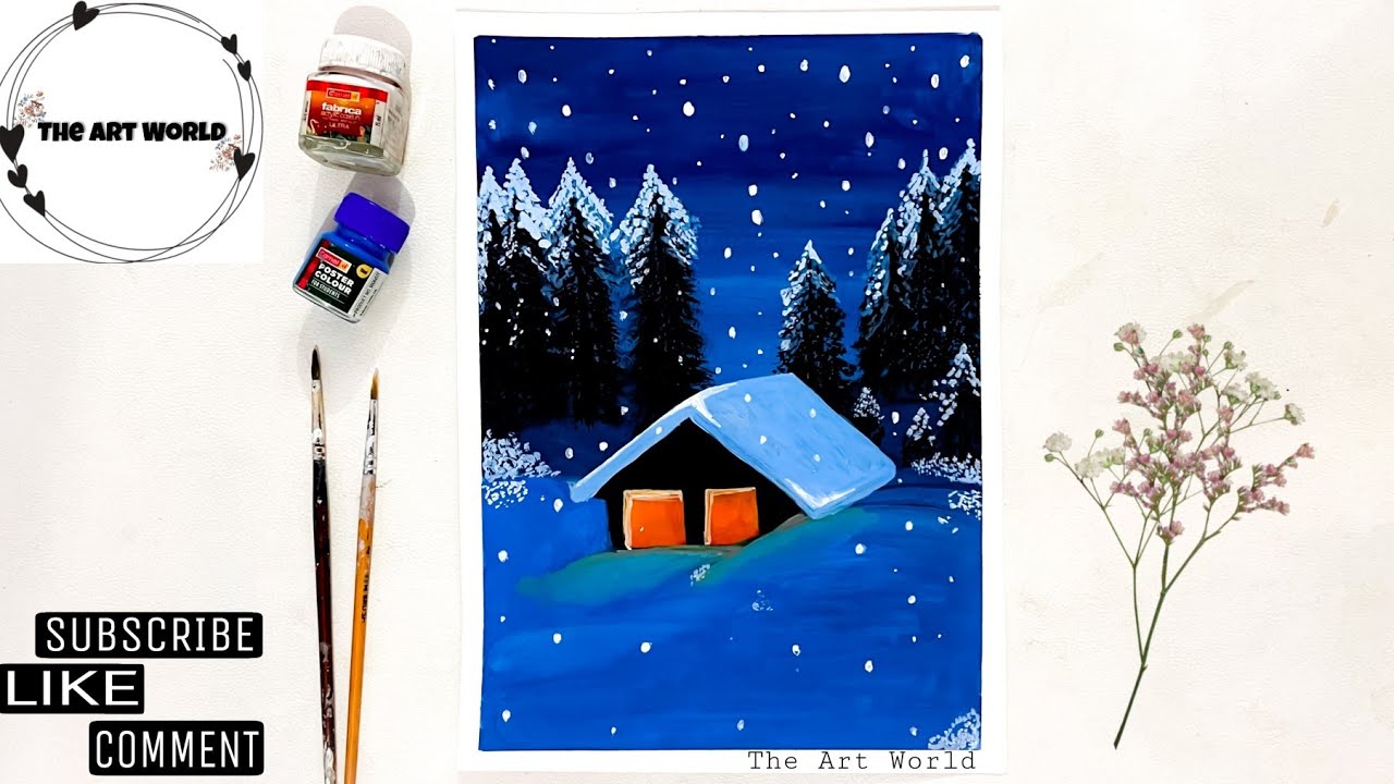 winter season painting step by step for beginners / snowfall painting ...