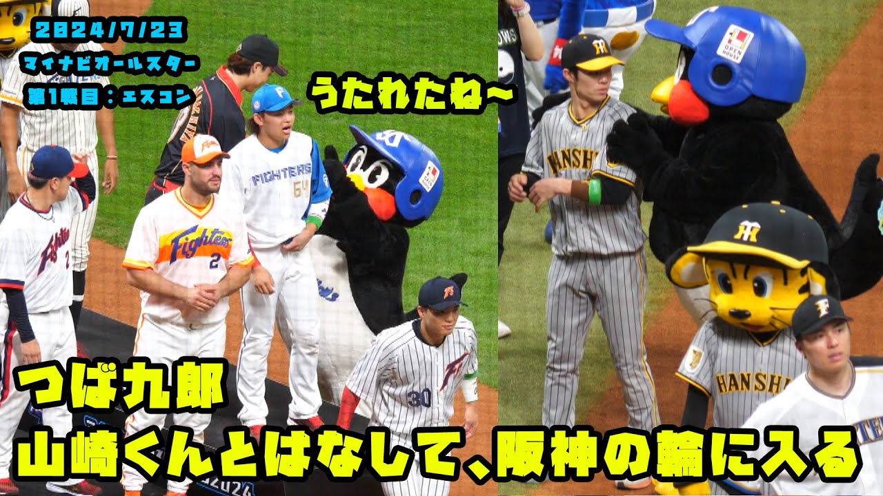 つば九郎 山崎くんとはなしたり、阪神の輪に入ったりする！！ 2024/7/23 マイナビオールスターゲーム2024 第1戦：エスコンフィールド ...