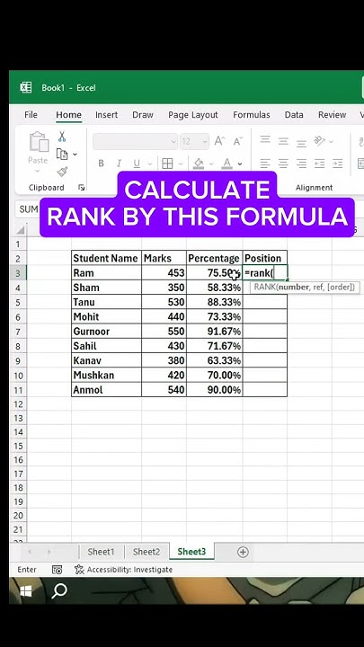 Rank formula in excel | EXCEL WITH RAJNI | #excelshorts #excel #excelformulas - YouTube